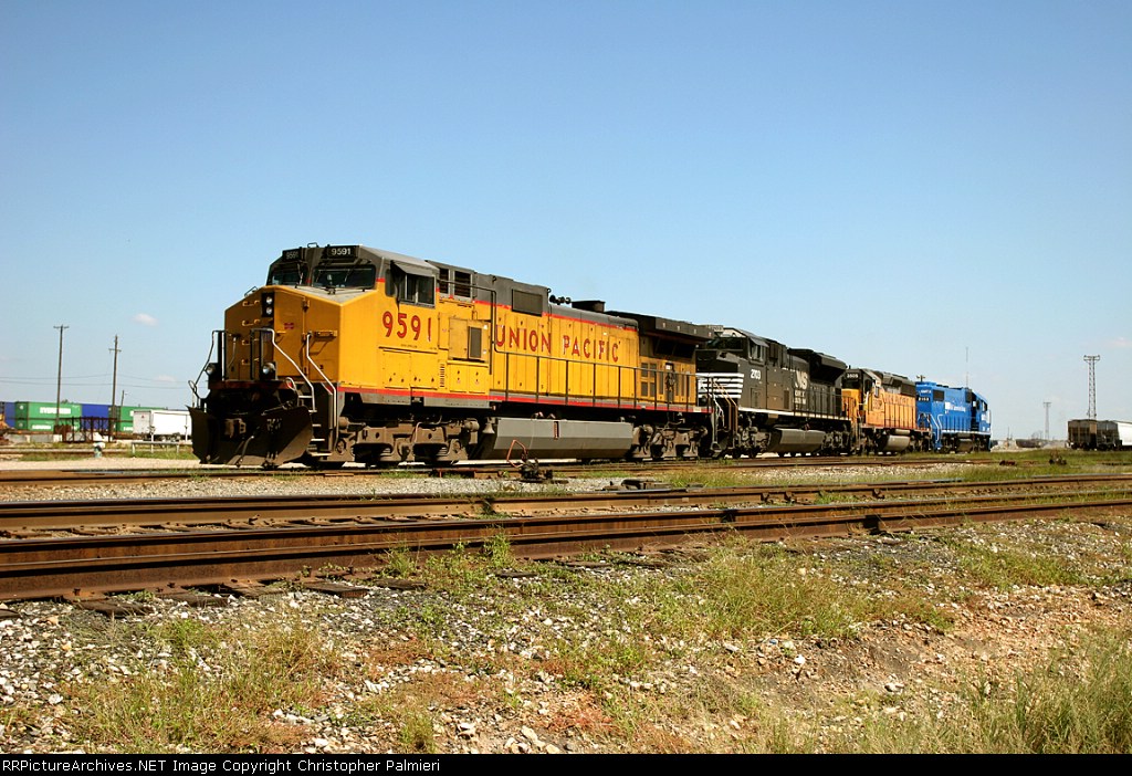 UP 9591, NS 2703, UP 3505, and GMTX 2153